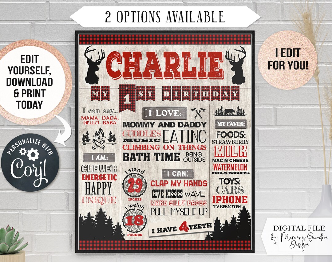 EDITABLE Lumberjack Buffalo Plaid First Birthday Chalkboard Poster ...