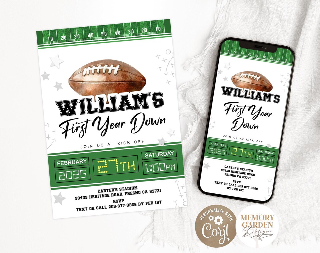 EDITABLE First Year Down Birthday Invitation I Football One Touchdown ...