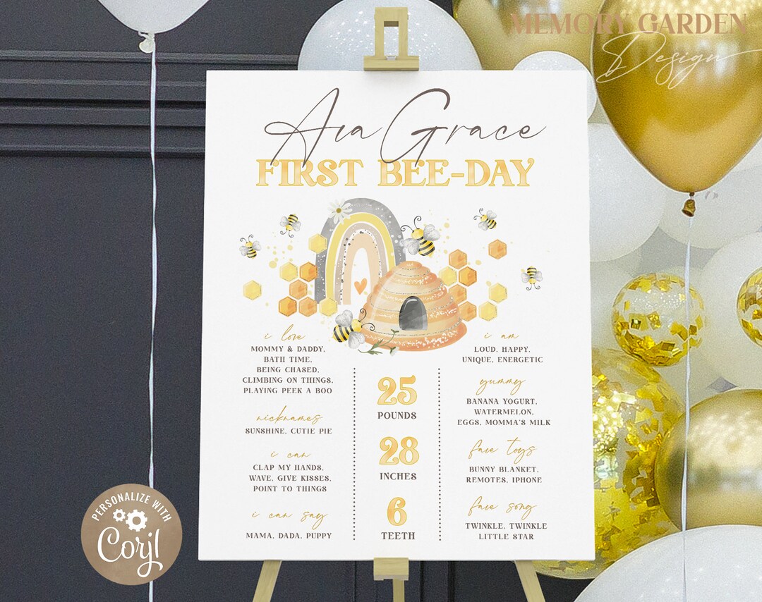 EDITABLE Honey Bee First Birthday Stats Poster I Printable Watercolor ...