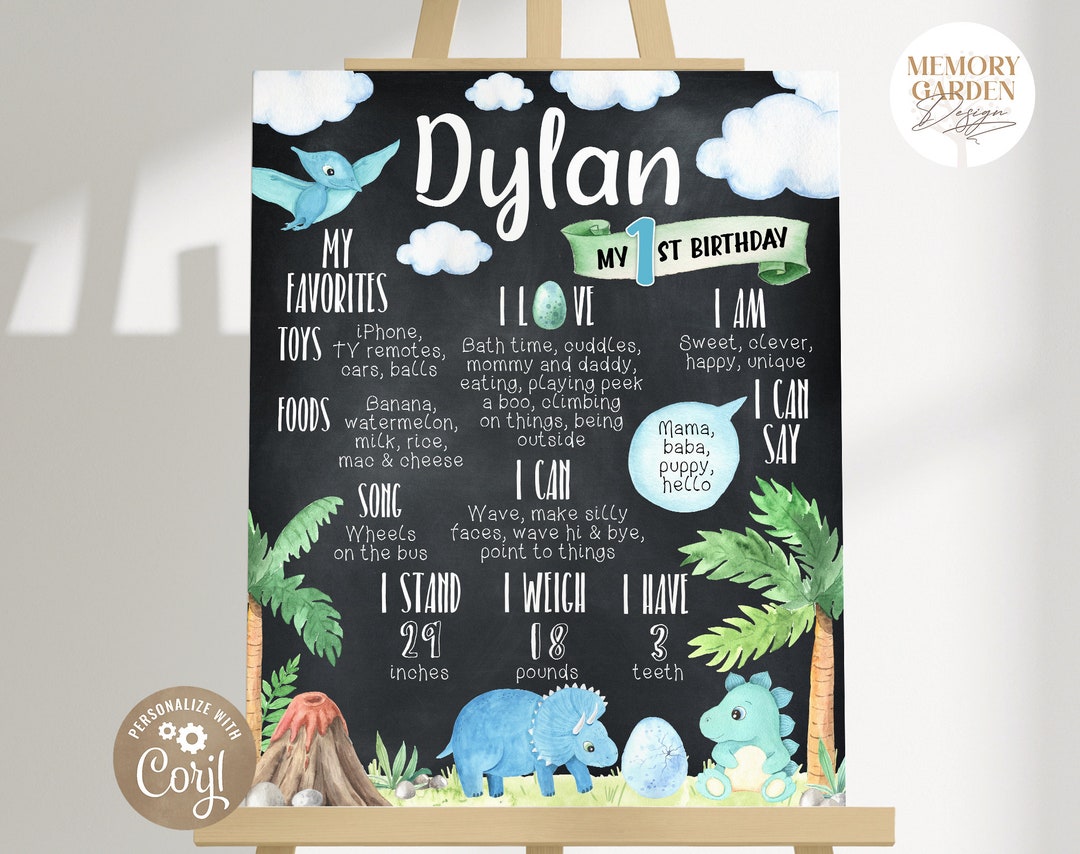 EDITABLE Dinosaur First Birthday Chalkboard Poster I Printable Dino ...