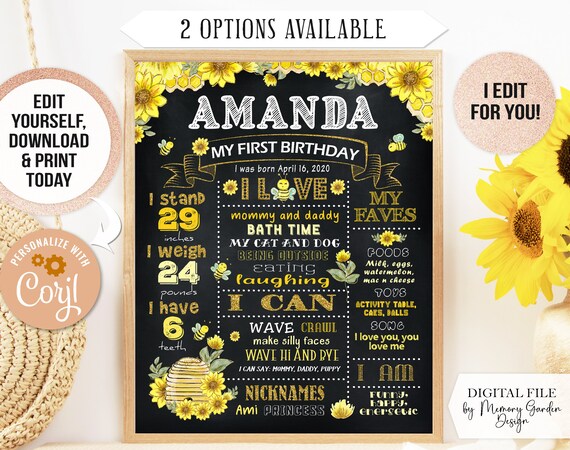 EDITABLE Honey Bee First Birthday Chalkboard Poster. Printable | Etsy