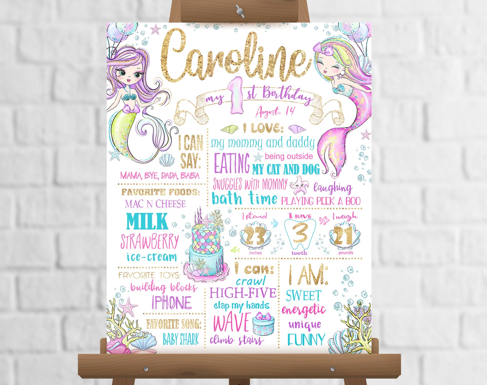 Mermaid First Birthday Chalkboard Poster Printable Milestone - Etsy