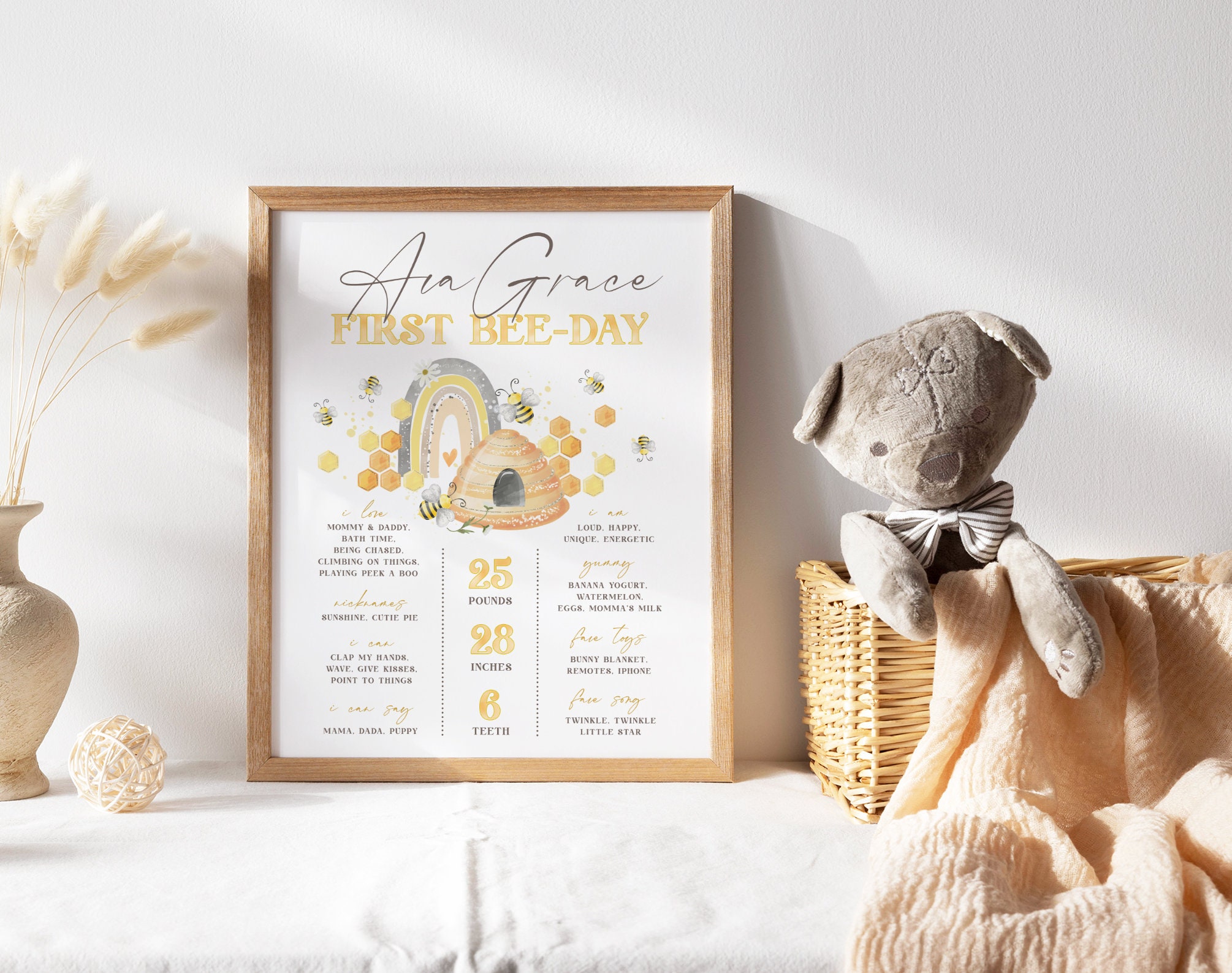EDITABLE Honey Bee First Birthday Stats Poster I Printable Watercolor ...