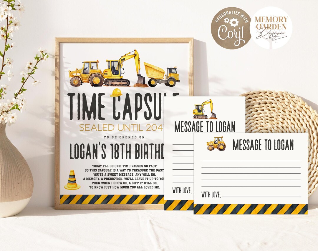 EDITABLE Construction Birthday Time Capsule & Matching Note Card I Dump ...