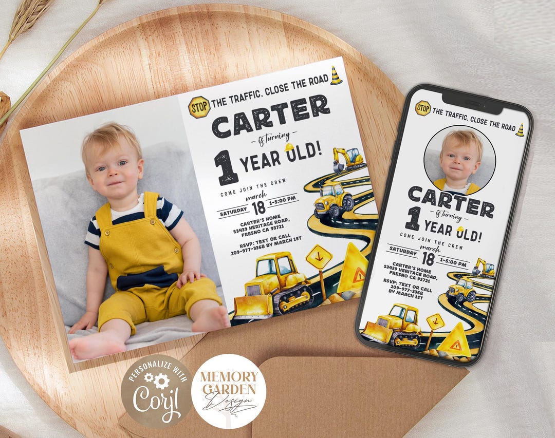 EDITABLE Construction Vehicles Boy First Birthday Invitation With Photo ...