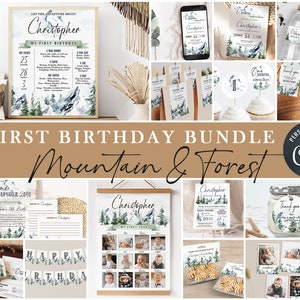 EDITABLE Watercolor Mountain & Forest Woodland First Birthday Party ...