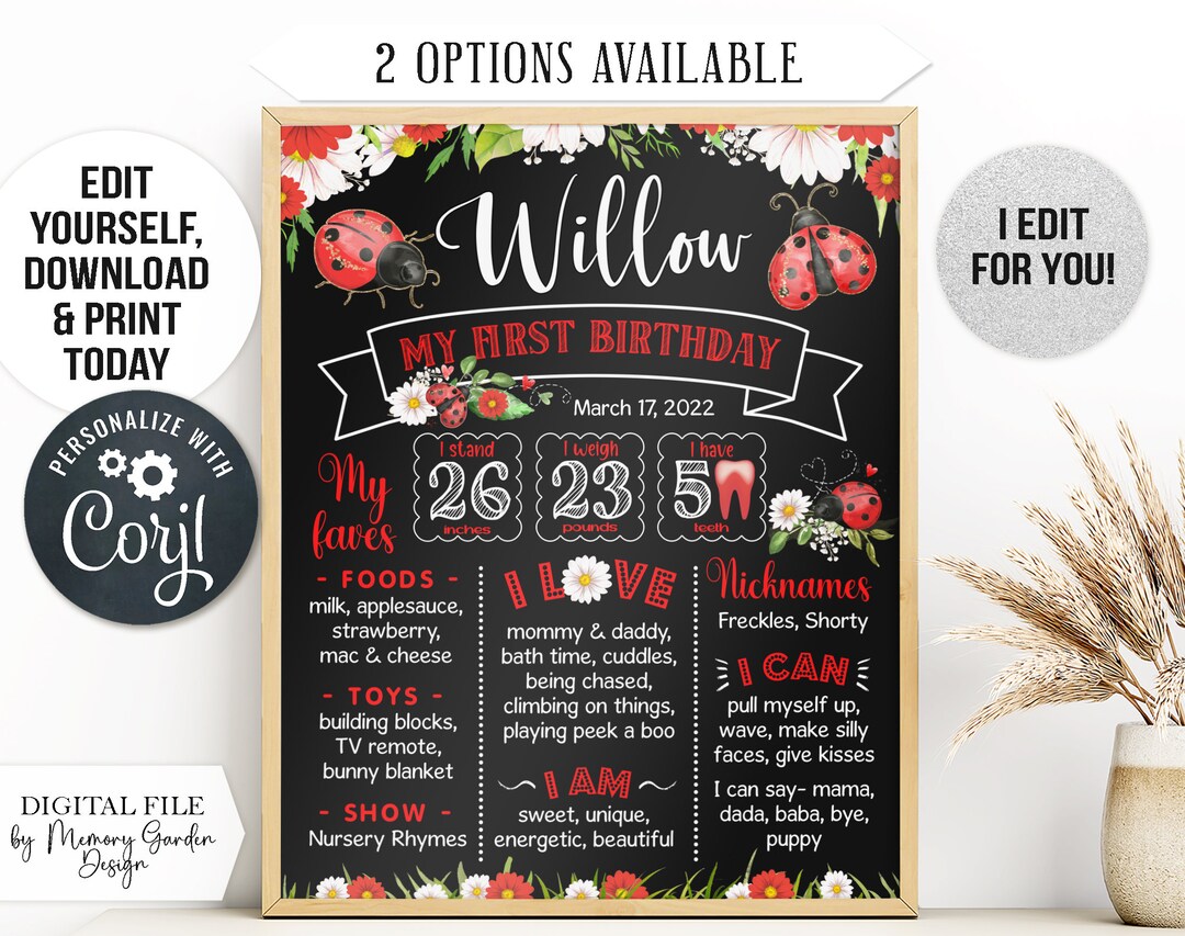 EDITABLE Ladybug First Birthday Chalkboard Poster. Printable Little ...