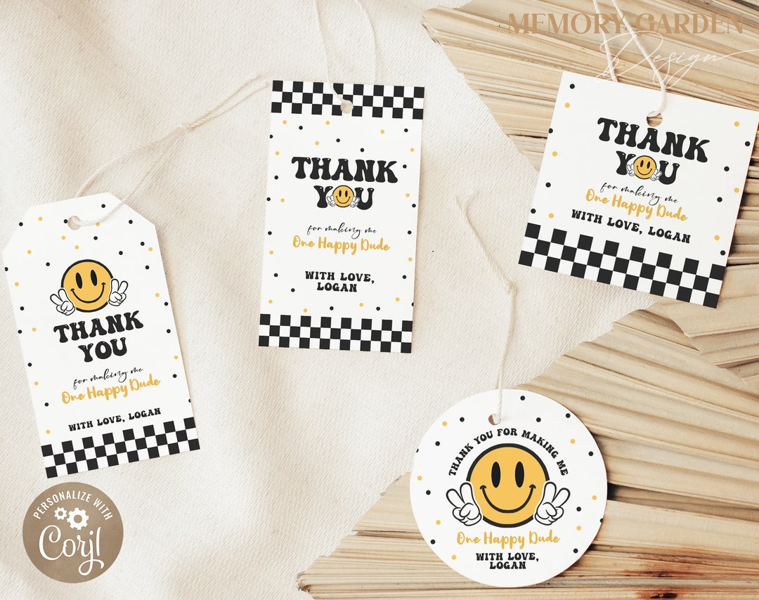 EDITABLE One Happy Dude Boy First Birthday Favor Tags Template I Smiley ...