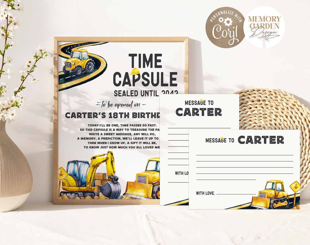 EDITABLE Construction Vehicles Birthday Time Capsule & Note Card I Dump ...
