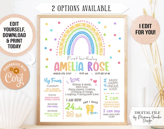 EDITABLE Rainbow First Birthday Poster. Rainbow Printable Baby | Etsy