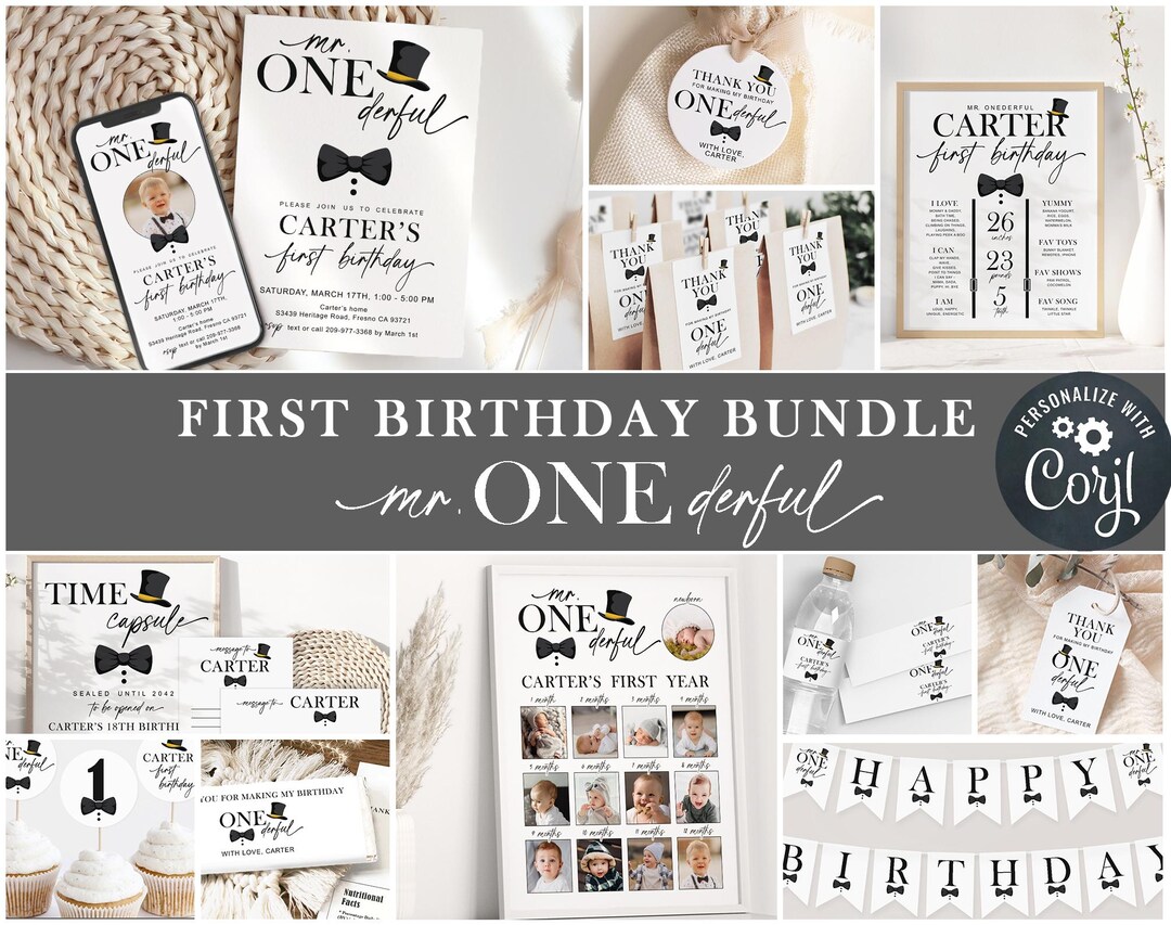 Little Mr Onederful First Birthday Boy Party BUNDLE I Editable Little ...