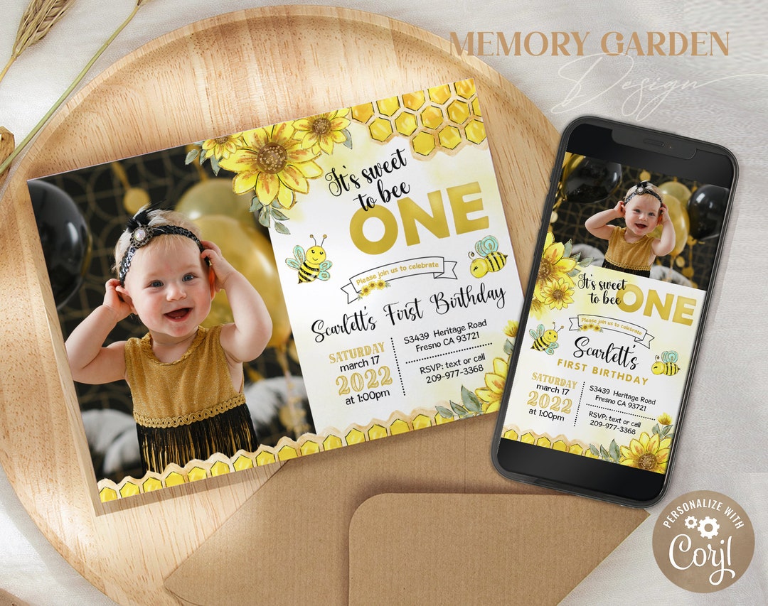 First Bee Day Birthday Invitation Photo I Editable 1st Birthday Honey ...