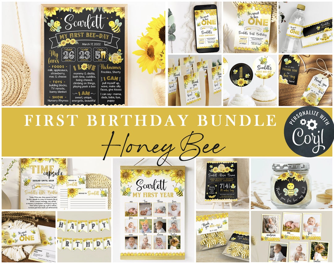First Bee-day Birthday Party BUNDLE I Editable Honey Bumble Bee ...