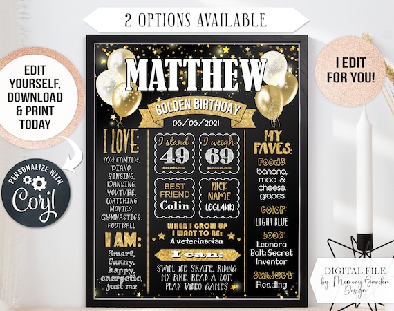 EDITABLE Golden Birthday Chalkboard Poster. Gold Balloons | Etsy