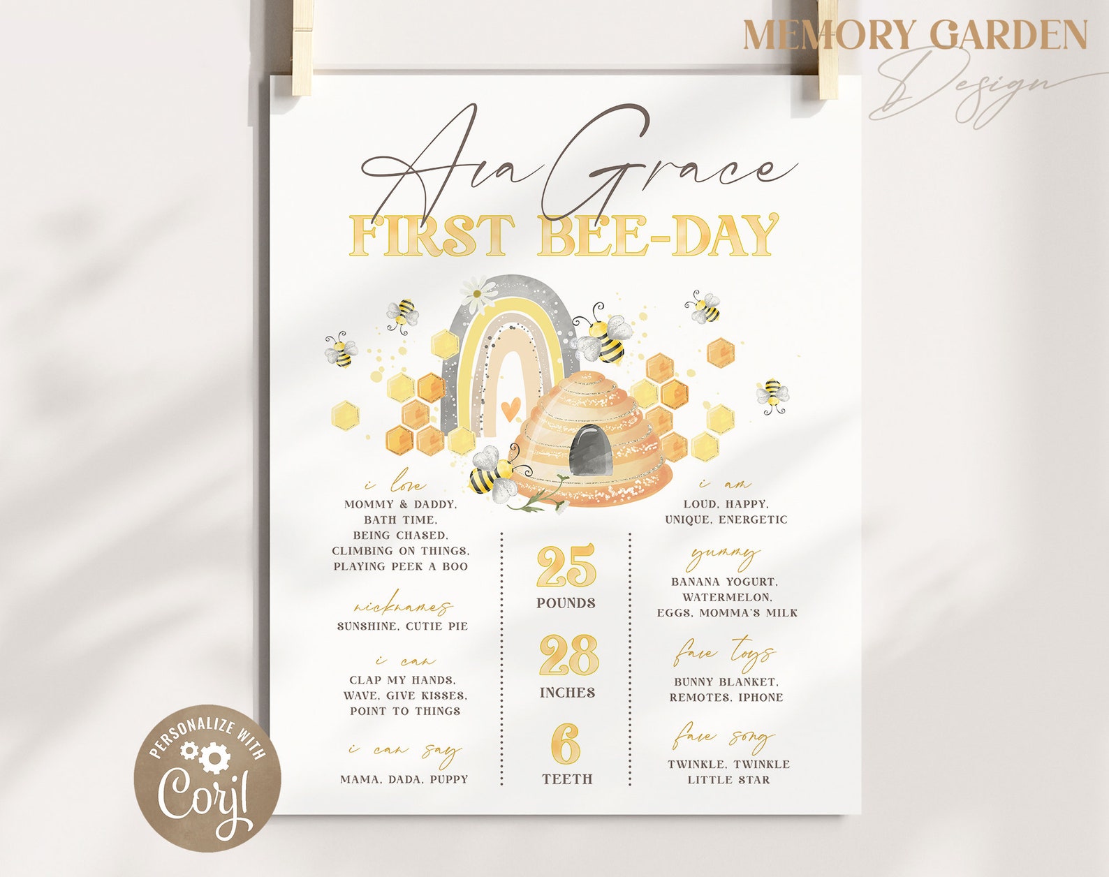 EDITABLE Honey Bee First Birthday Stats Poster I Printable Watercolor ...