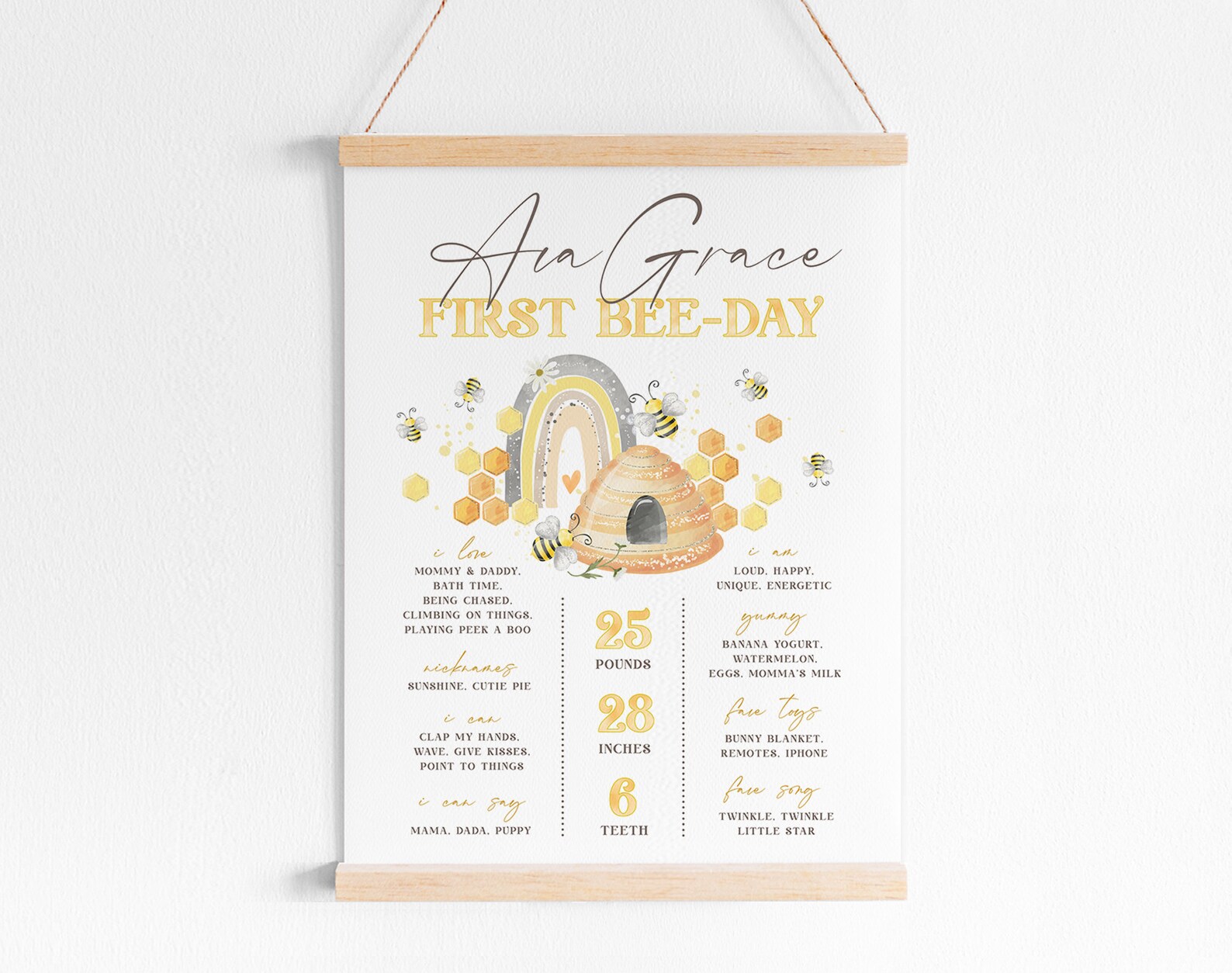 EDITABLE Honey Bee First Birthday Stats Poster I Printable Watercolor ...