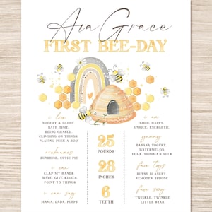 EDITABLE Honey Bee First Birthday Stats Poster I Printable Watercolor ...
