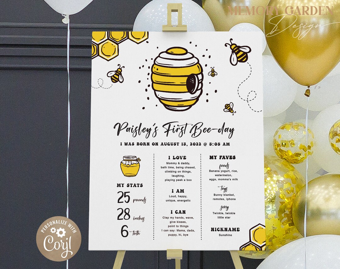 EDITABLE Honey Bee First Birthday Milestone Poster I Rustic Bee-day ...