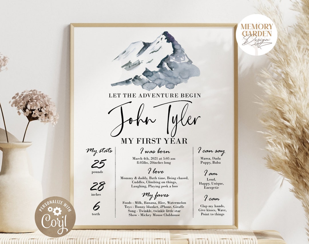 EDITABLE Adventure Watercolor Mountain First Birthday Chalkboard Poster ...