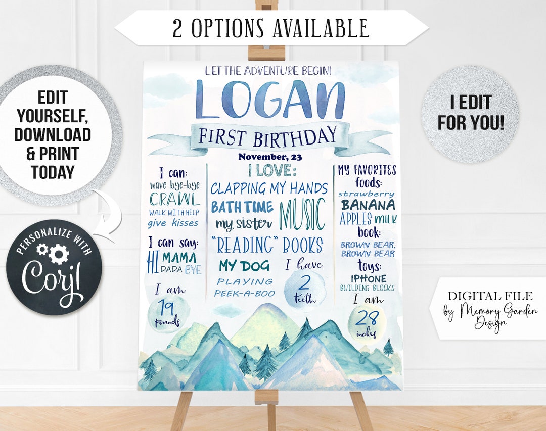 EDITABLE Mountain First Birthday Chalkboard Poster. Printable Milestone ...
