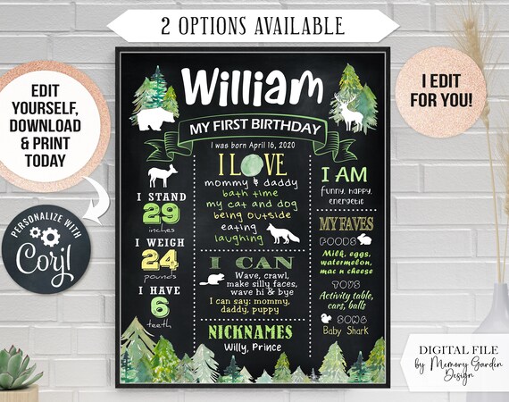 EDITABLE Woodland Animals First Birthday Chalkboard Poster. | Etsy