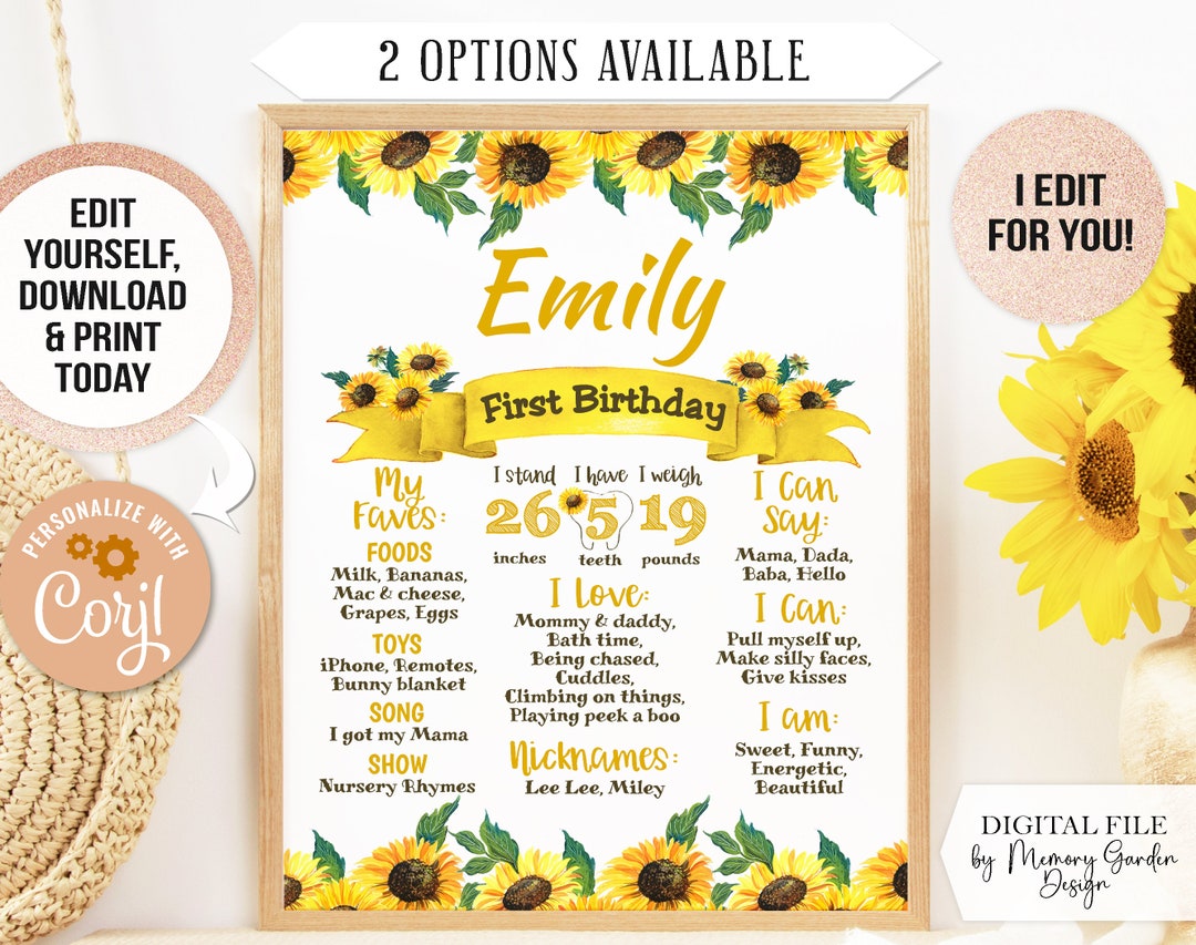 EDITABLE Sunflower First Birthday Chalkboard Poster. Printable ...