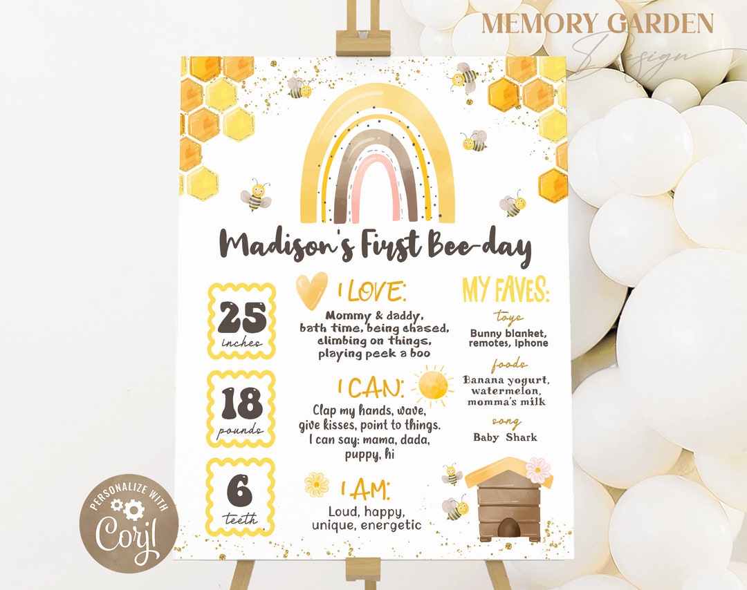 EDITABLE Honey Bee First Birthday Milestone Poster I Rustic Bee-day ...