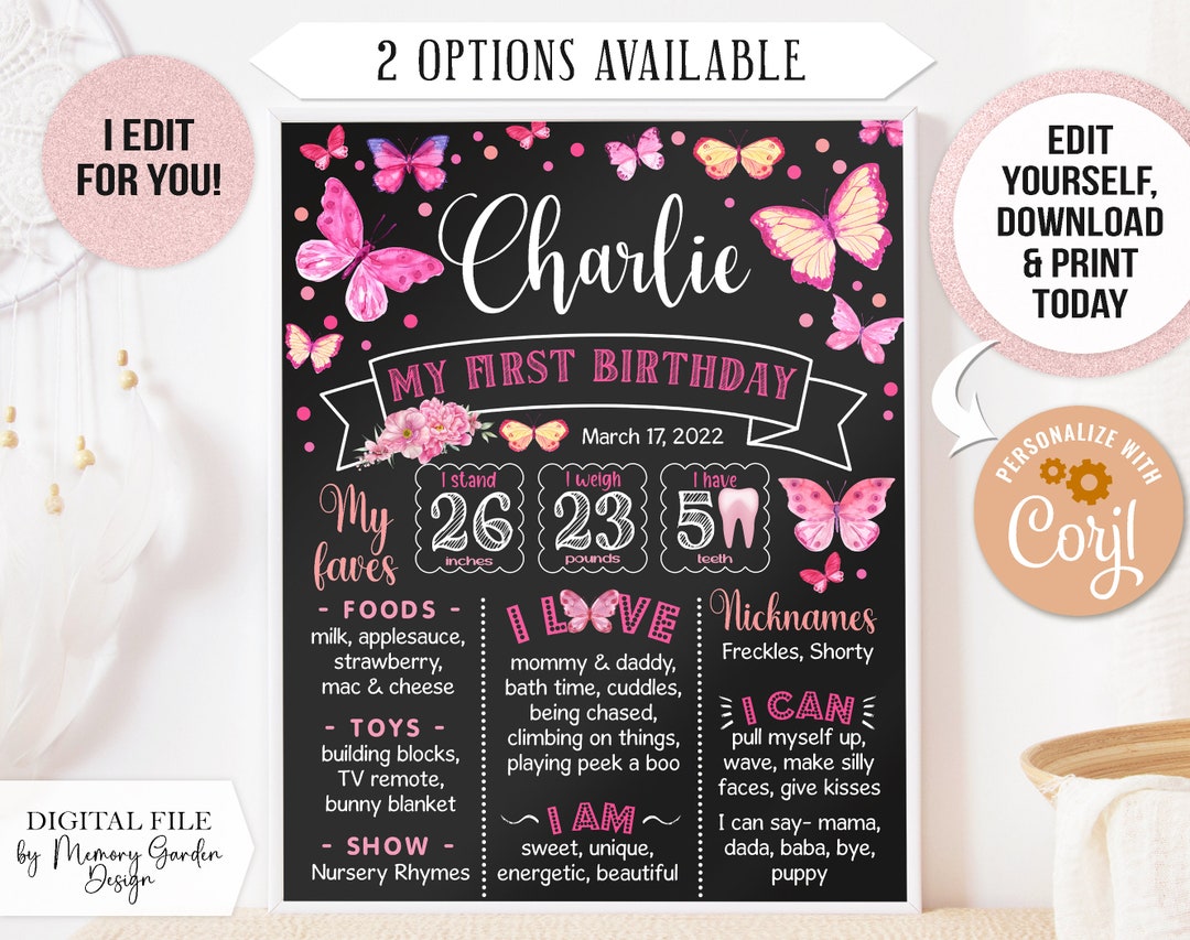 EDITABLE Butterfly First Birthday Chalkboard Poster. Printable Moth ...