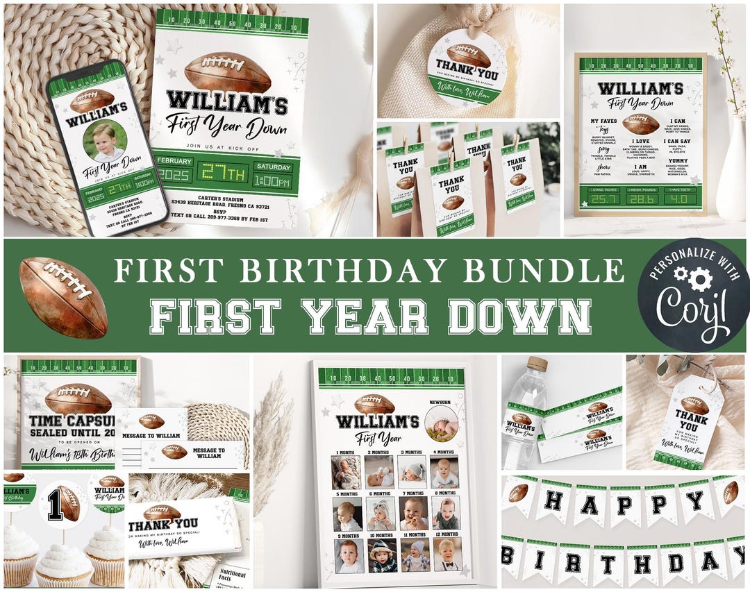 EDITABLE First Year Down Birthday Party BUNDLE I Football Touchdown ...