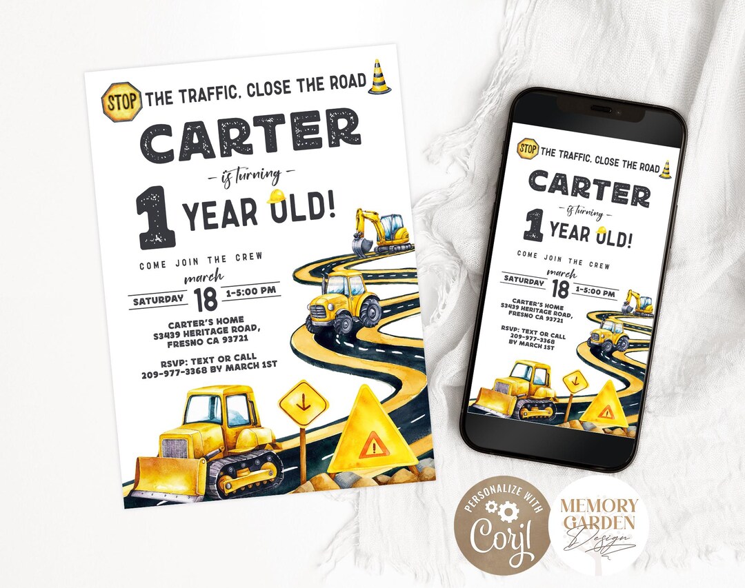 EDITABLE Construction Vehicles First Birthday Invitation I Dump Truck ...