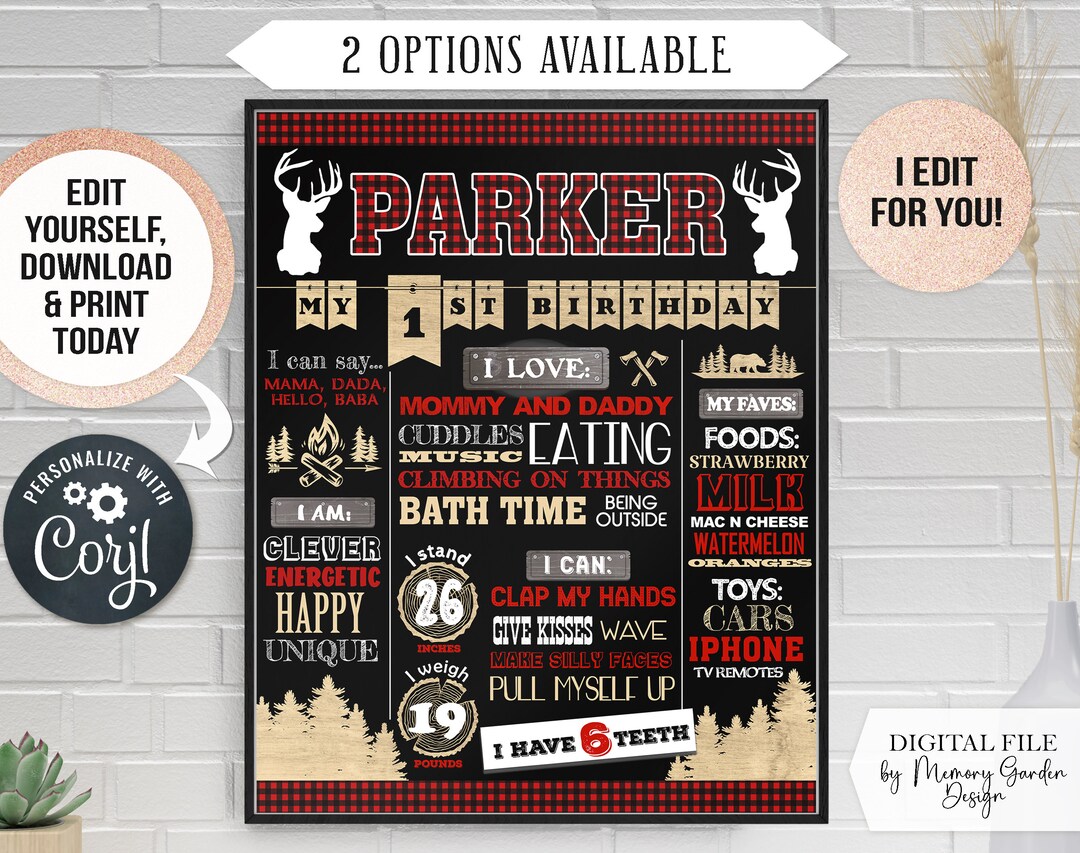 EDITABLE Lumberjack Buffalo Plaid First Birthday Chalkboard Poster ...