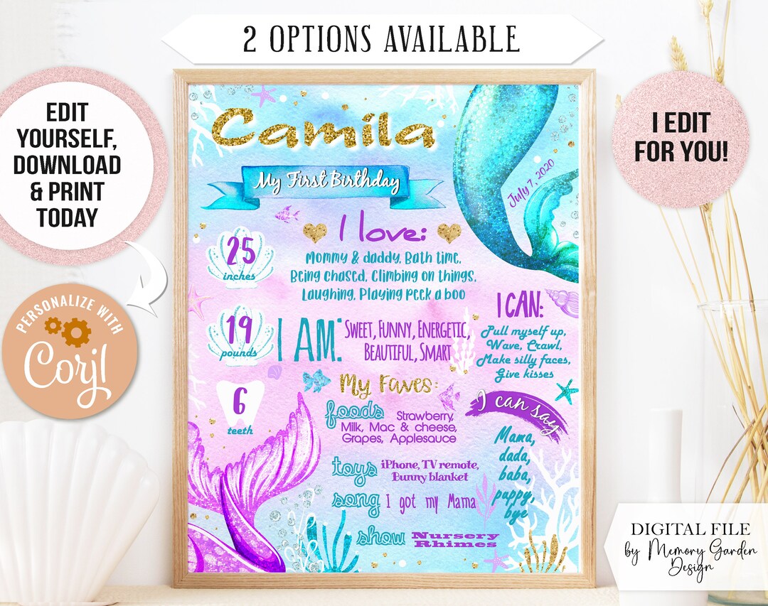 Mermaid Tails First Birthday Chalkboard Poster Printable Milestone ...
