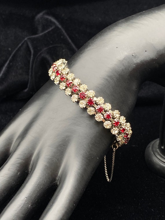 Vintage Kramer Ruby Red and Clear Rhinestone Bracelet - Gem