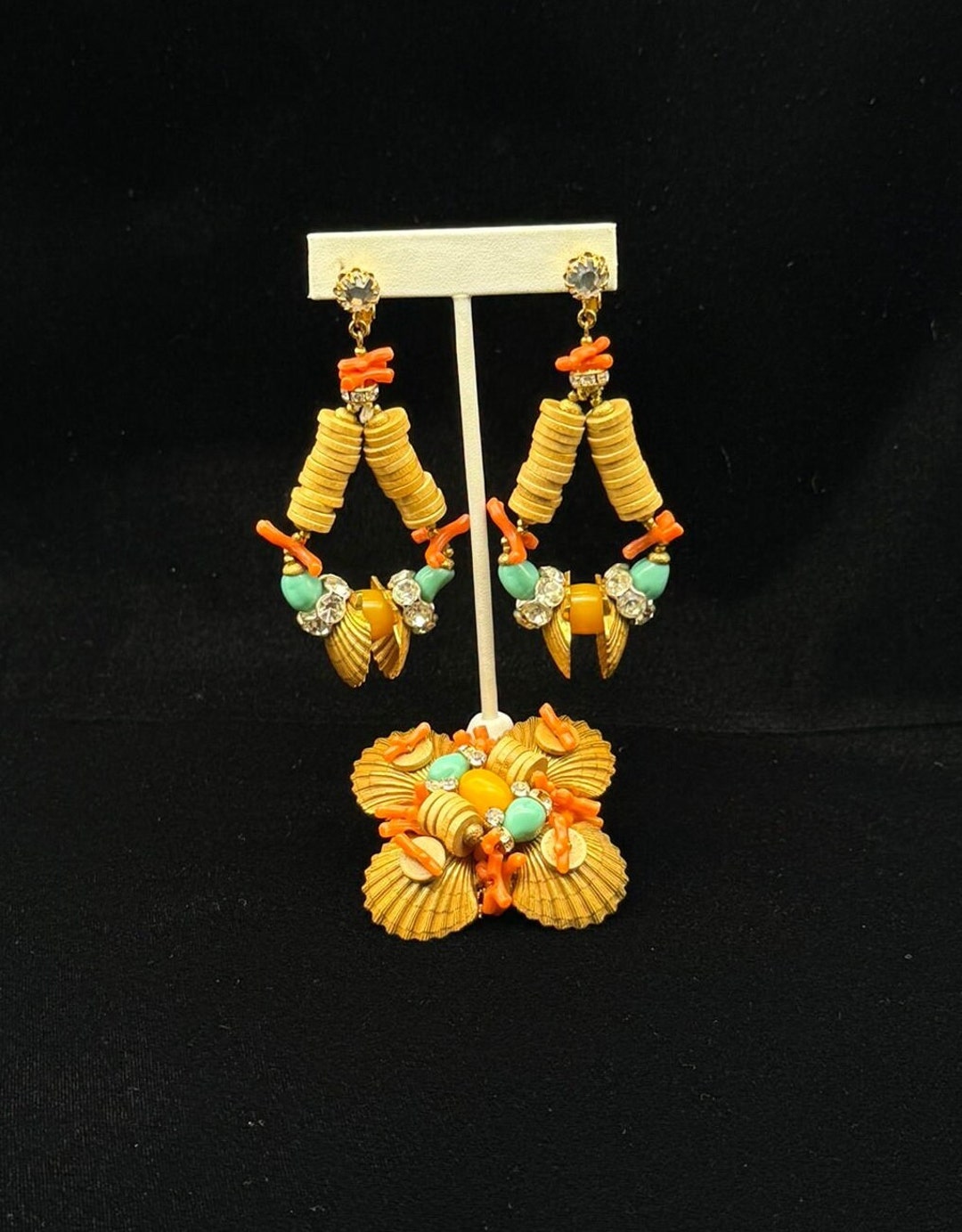 Vintage Miriam Haskell Shell and Coral Brooch and Earrings - Etsy