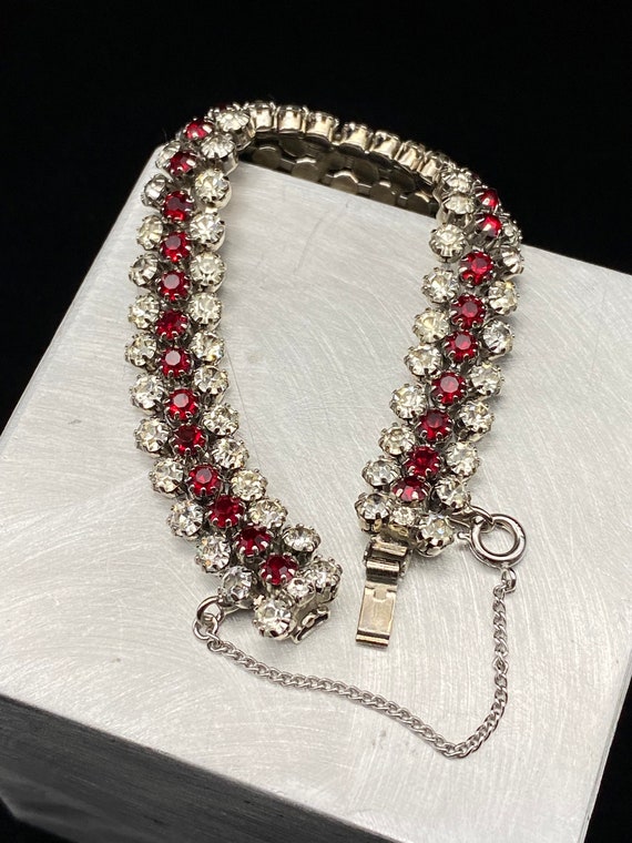 Vintage Kramer Ruby Red and Clear Rhinestone Bracelet - Gem