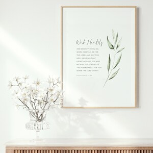 Colossians 3:23-24 Bible Verse Wall Art Print, Christian Botanical ...