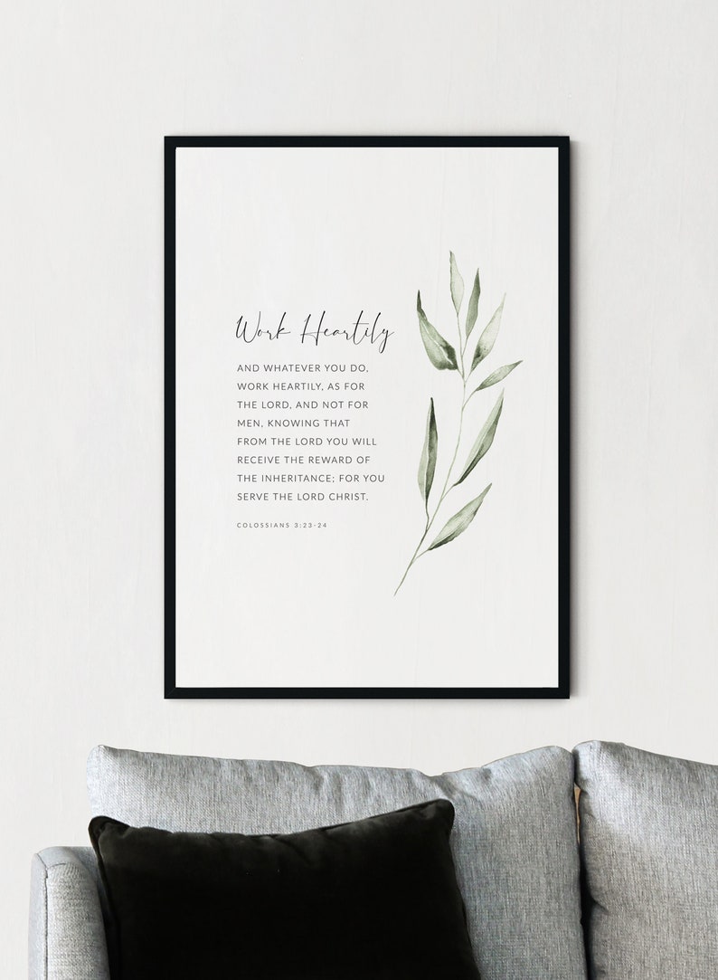 Colossians 3:23-24 Bible Verse Wall Art Print, Christian Botanical ...