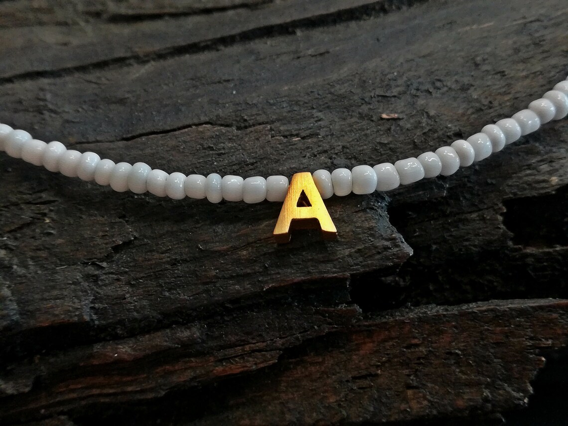 White Beaded Choker, Initial Letter Choker, Adjustable Choker, Initial ...