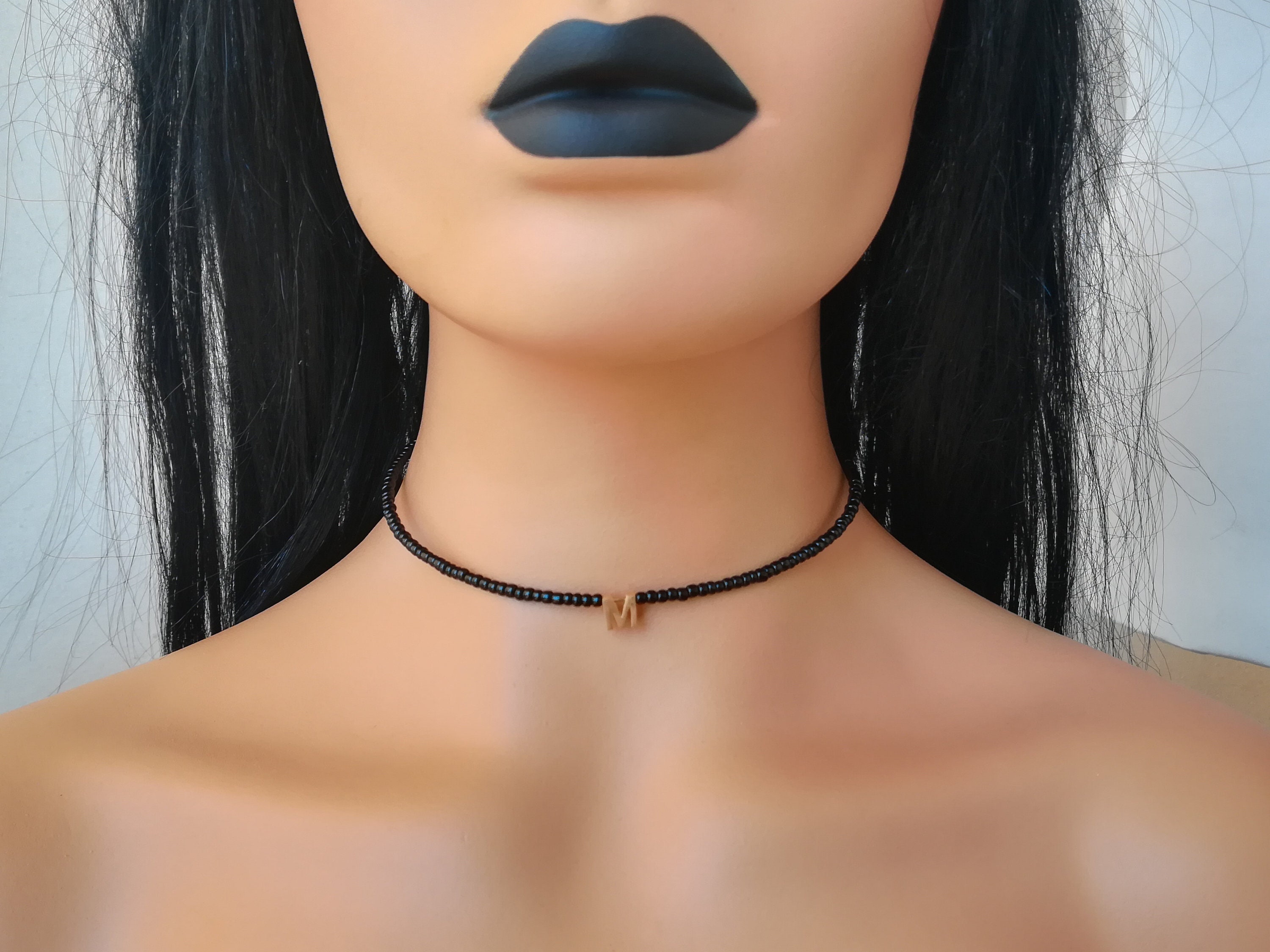 Black Beaded Choker, Initial Letter Choker, Personal Choker, Dainty ...