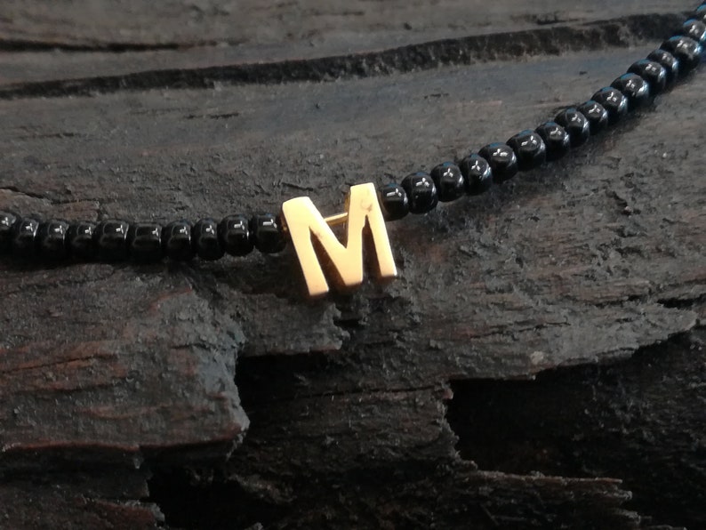 Black Beaded Choker, Initial Letter Choker, Personal Choker, Dainty ...