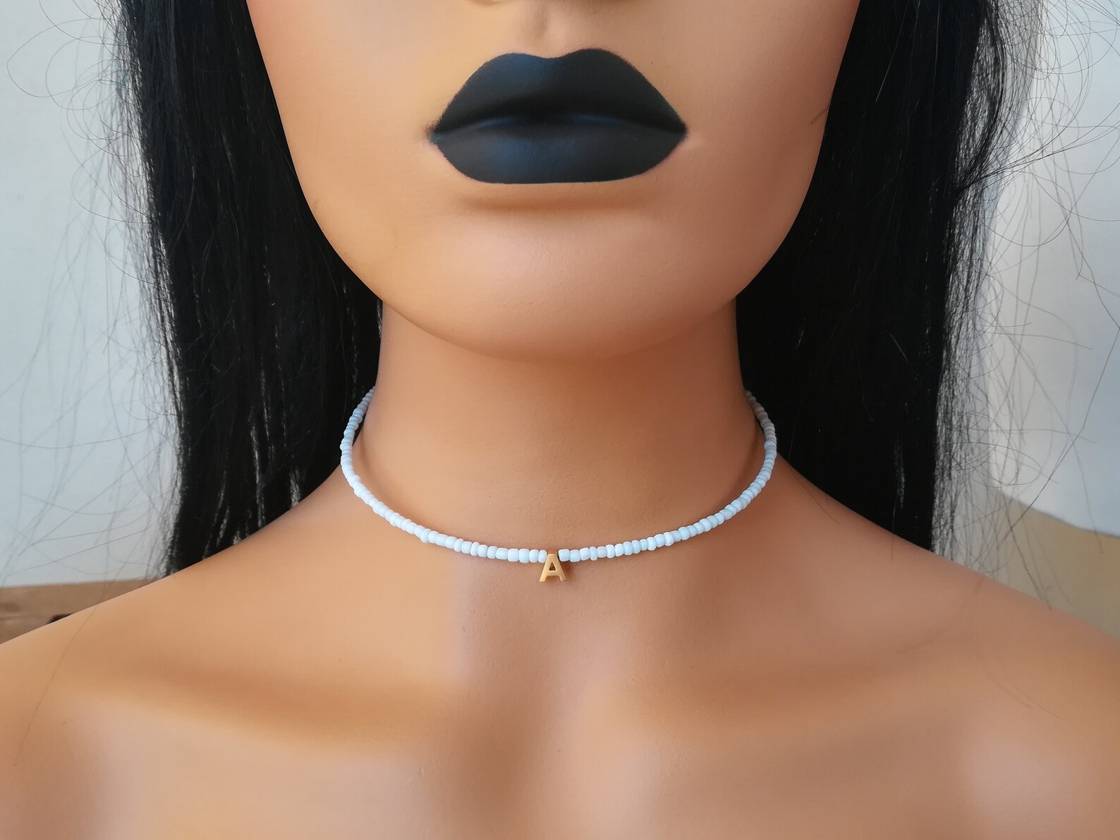 White Beaded Choker, Initial Letter Choker, Adjustable Choker, Initial ...