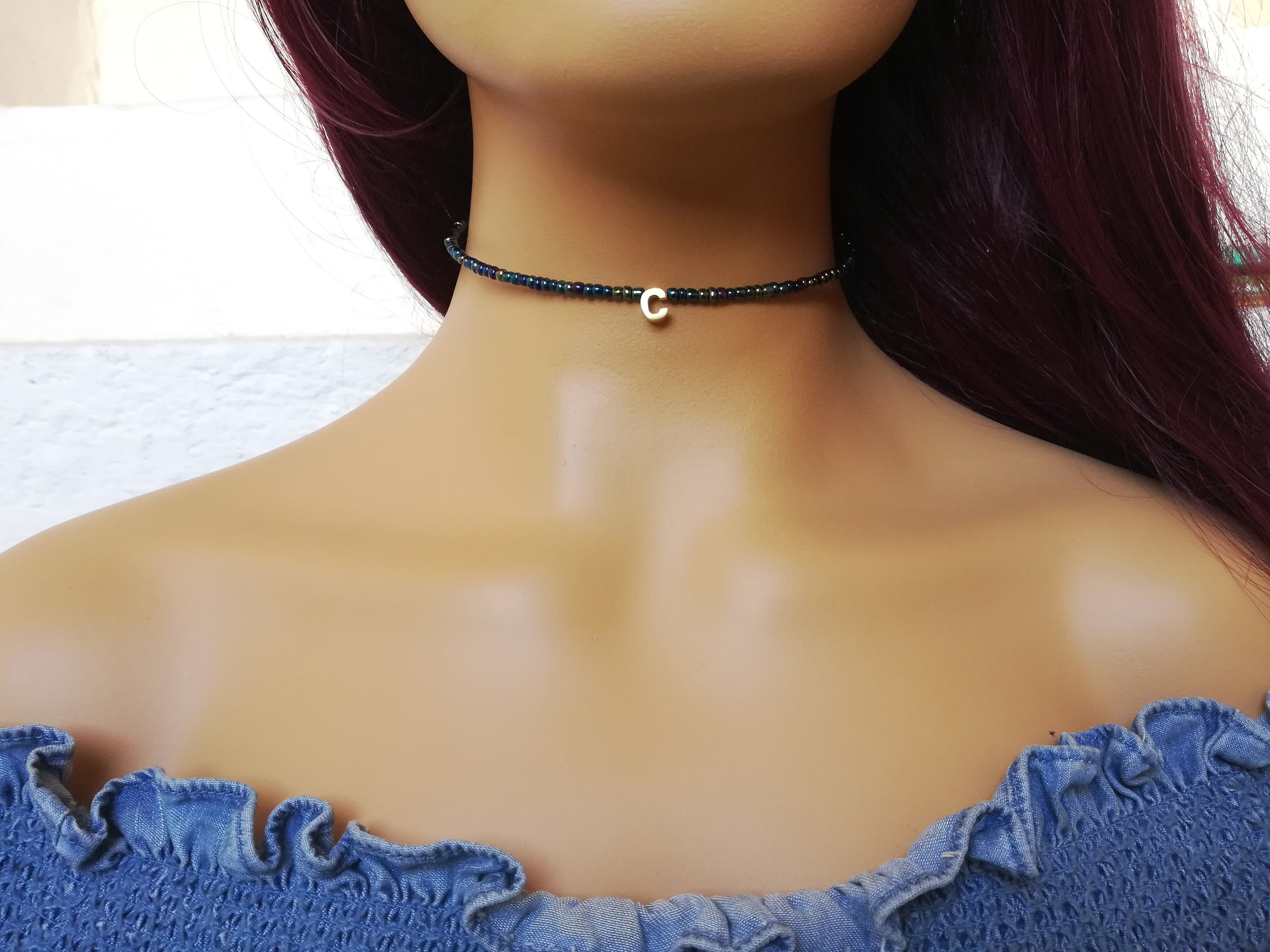 Metalic Beaded Choker, Initial Choker, Gold Letter Necklace ...