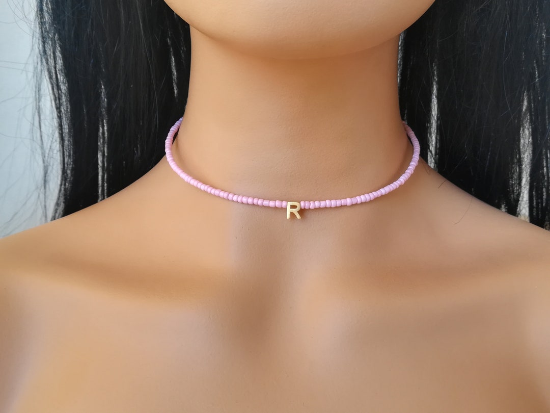Pink Beaded Choker, Initial Letter Choker, Personal Choker, Dainty ...