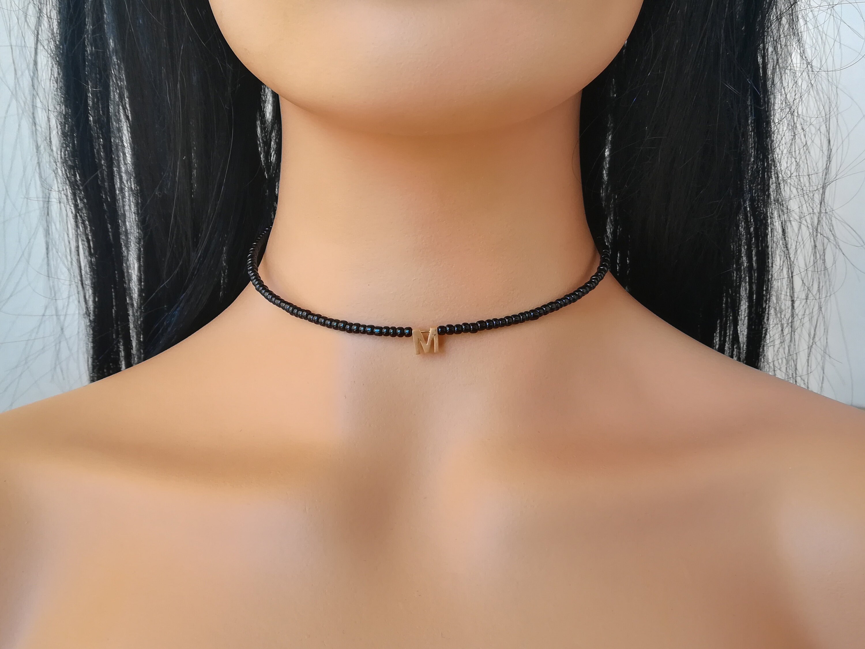 Black Beaded Choker, Initial Letter Choker, Personal Choker, Dainty ...