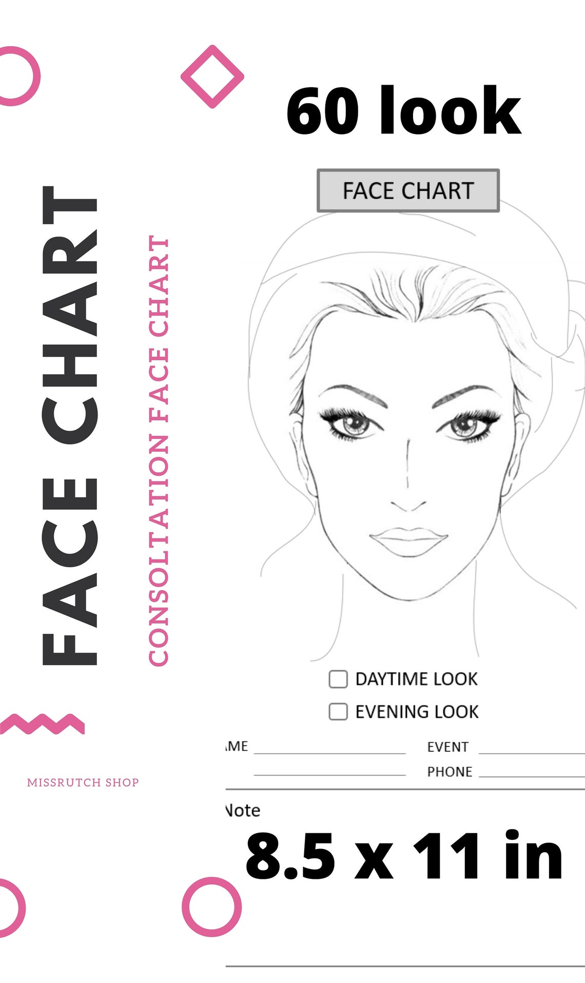 PRINTABLE : Makeup Face Chart for Artist, 60 Look With Lager Page 8.5 X ...