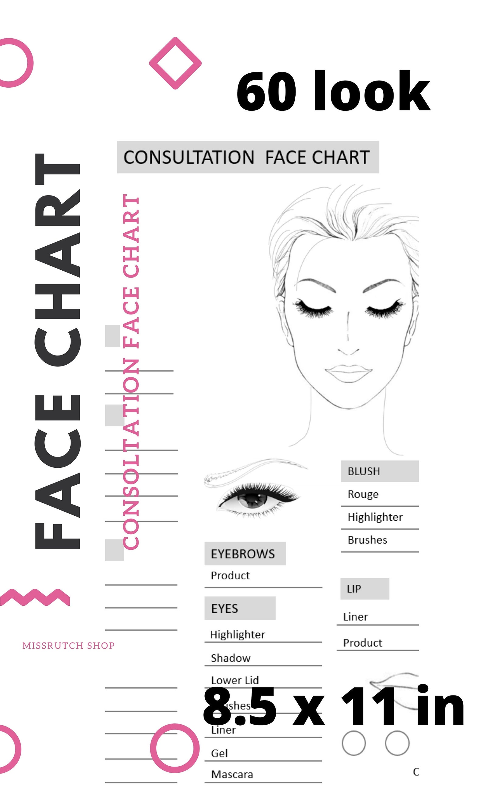 PRINTABLE : Makeup Face Chart for Artist, 60 Look With Lager Page 8.5 X ...