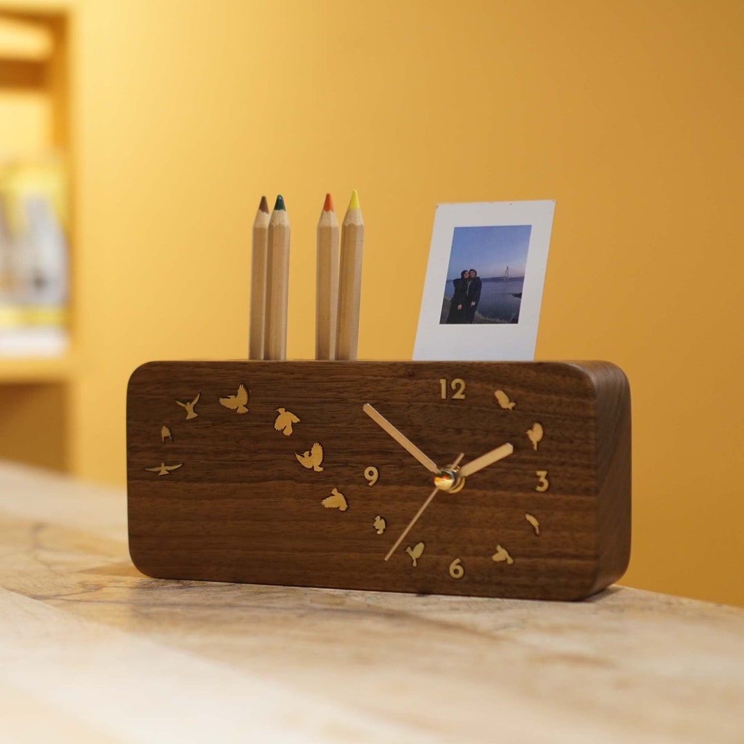 Wooden Pencil Holder With Clock. Decoratif Clock and Penholder. Desktop ...