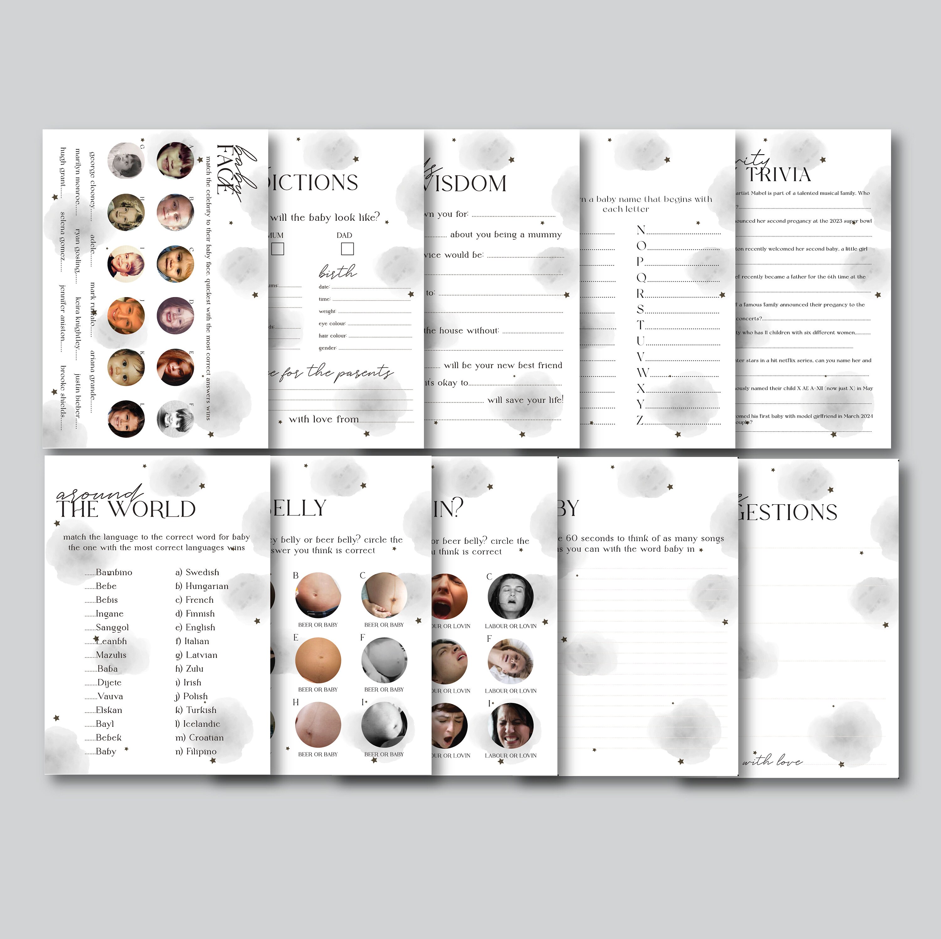 On Cloud Nine Theme Printable Instant Download Baby Shower Game Bundle ...