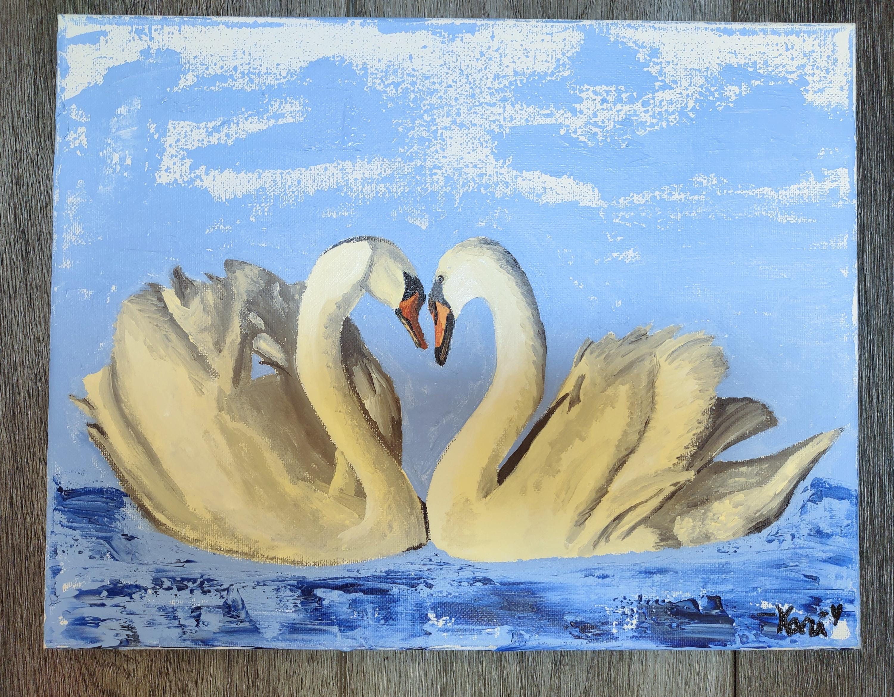 Swans Painting on Canvas | Vintage-feel Swans With Heart Necks on Lake ...