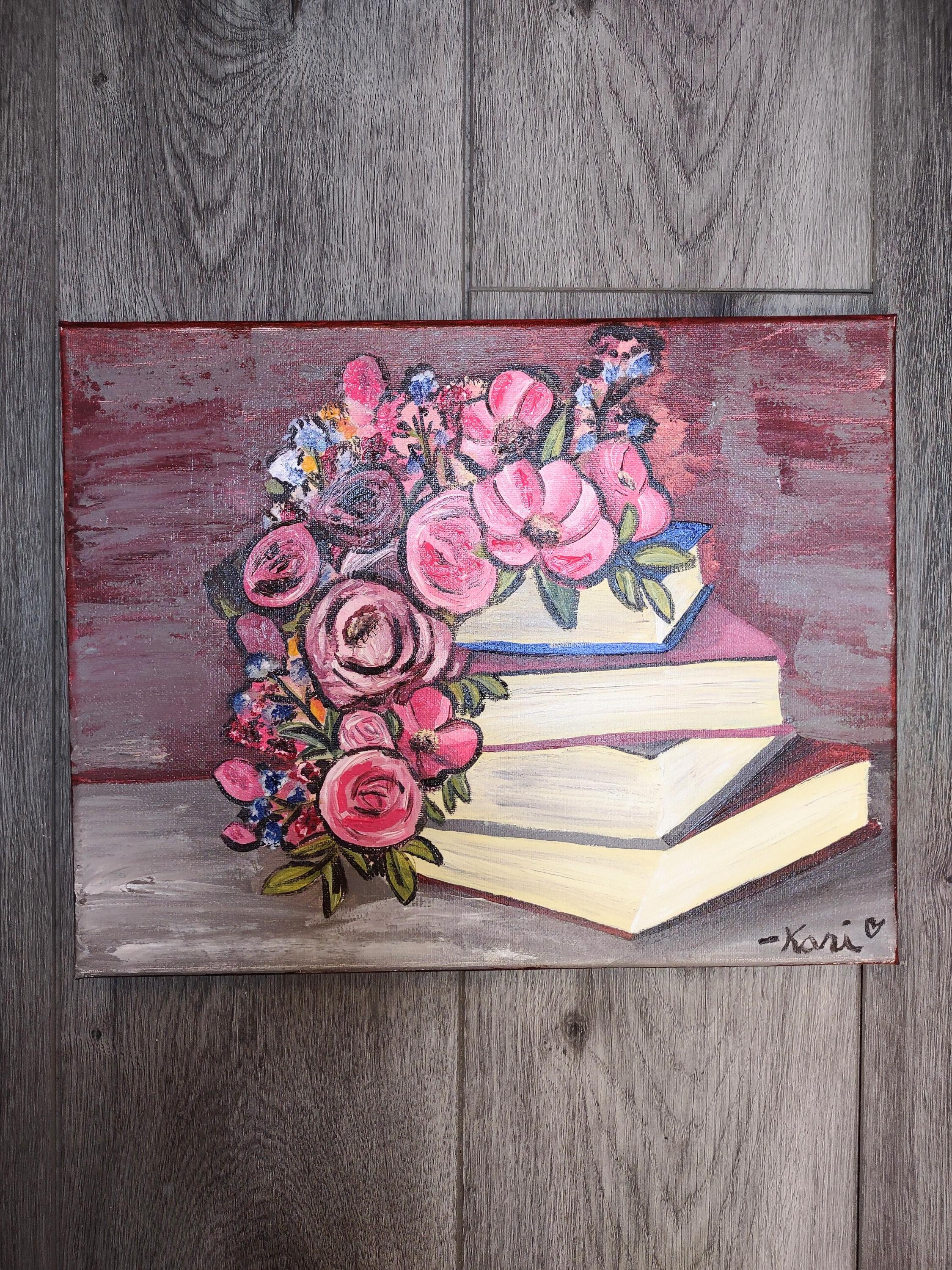 Book Painting on Canvas | Vintage-feel Books and Flowers | Gift for ...